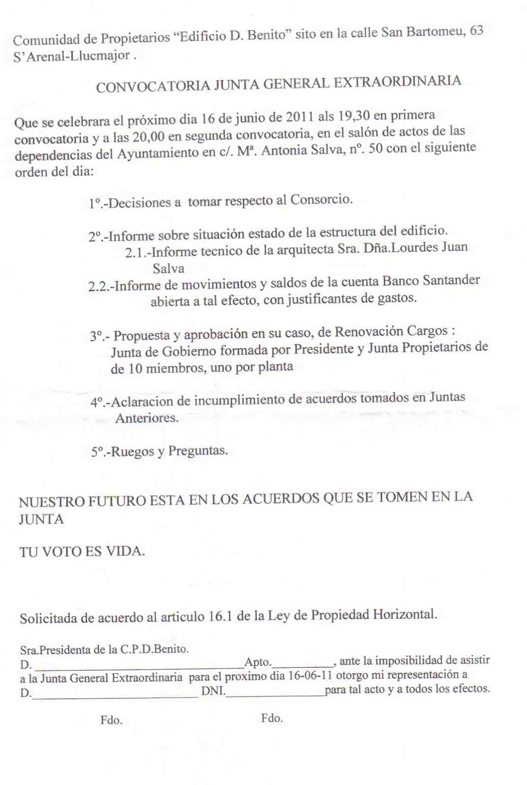 Edificio Don Benito: Facsímil de Convocatoria, con Poder Para Delegar Voto
