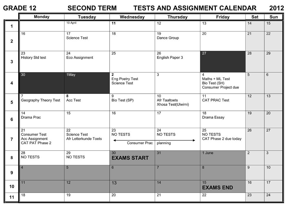 Camps Bay High School: CBHS Grade 12 Test & Assignments Calendars - 2nd ...