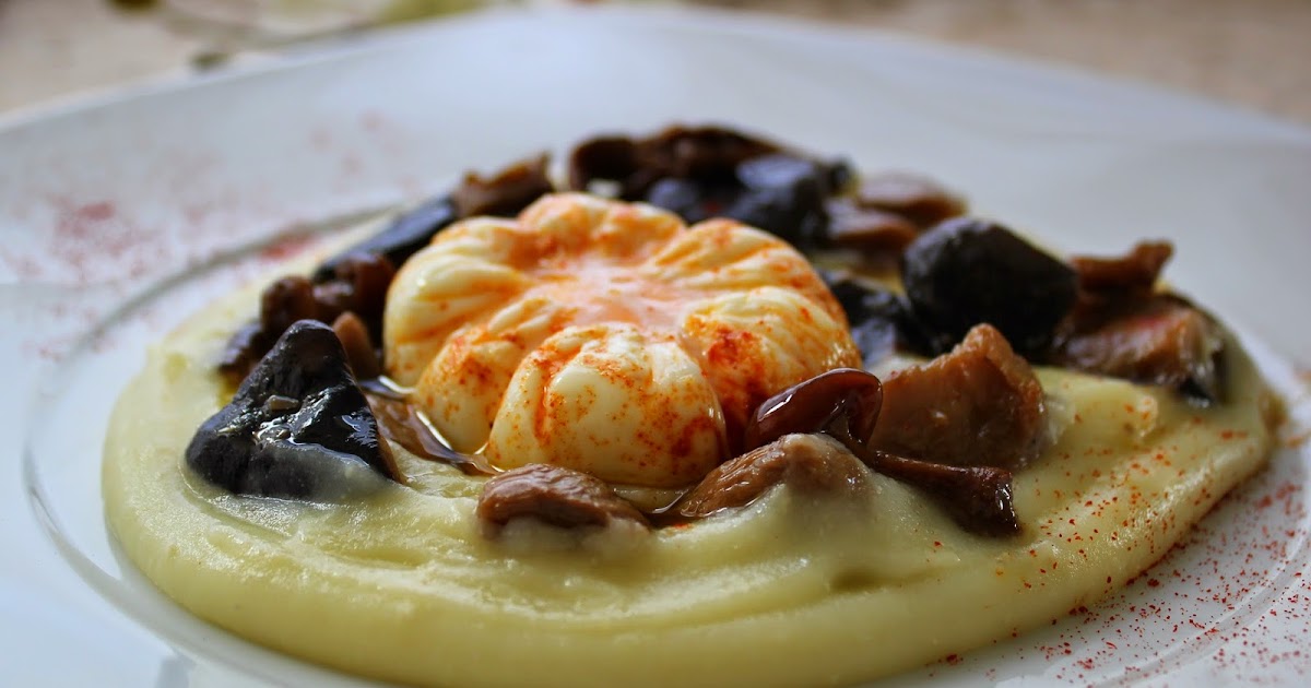 Setas confitadas en Aceite de Oliva con Huevo escalfado sobre Puré de ...