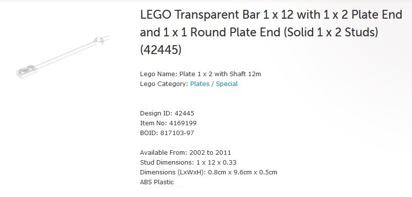 LEGO 42445 Transparent Bar 1x12 w/ 1x2 Plate End Shaft & 1x1 Round ...