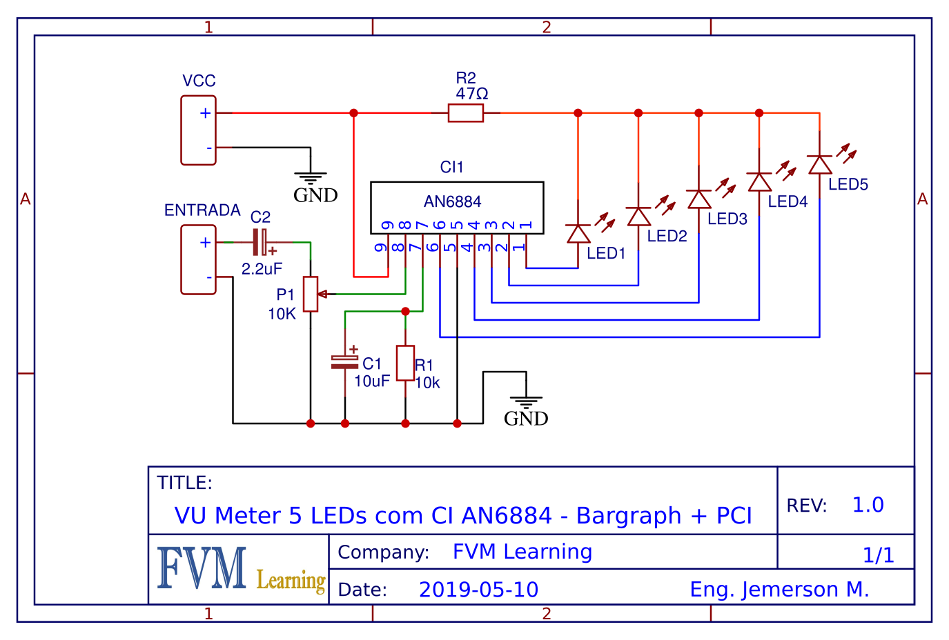 VU Meter 5 LEDs com CI AN6884 - Bargraph + PCI - FVML