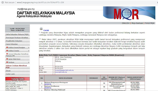 KOLEJ POLY-TECH MARA: CARA SEMAK AKREDITASI KPTM KUANTAN DI MQA