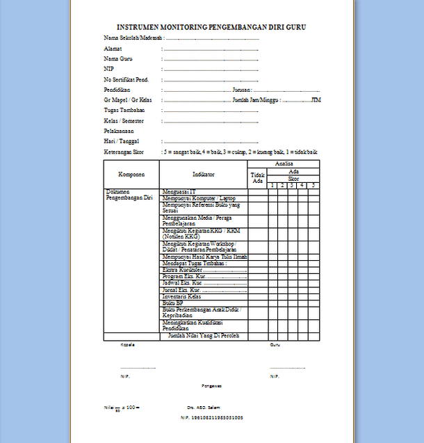 Contoh Format Instrumen Monitoring Pengembangan Diri Guru RA TK PAUD ...