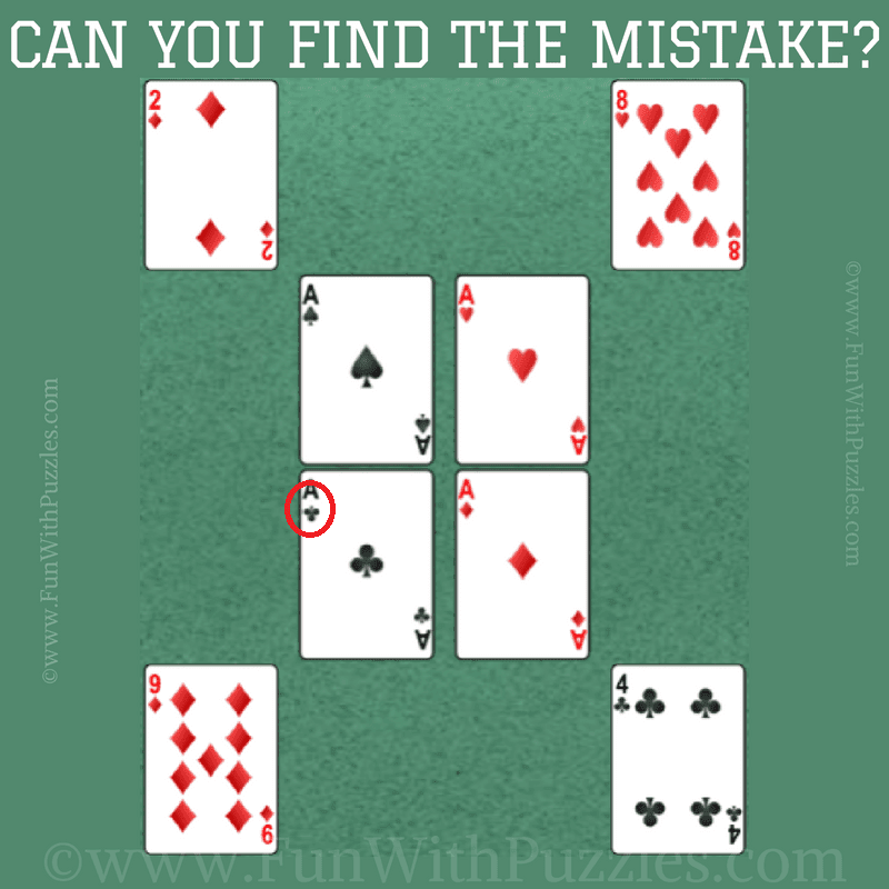 Mistake Finding Fun Picture Riddle: Cards Visual Puzzle