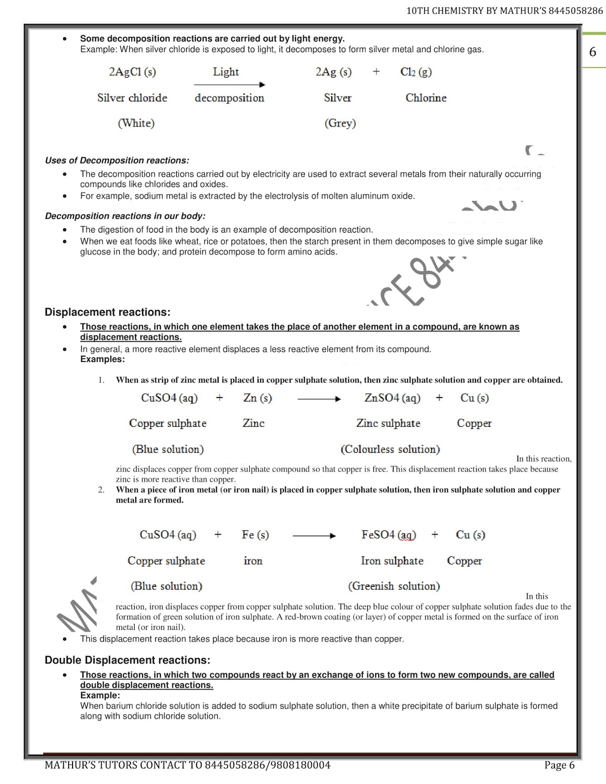 Class 10(CBSE) Chemistry Notes Chemical Reactions and Equations ...