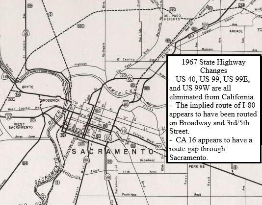 Highways in and around Old Sacramento; US 40, US 99W, CA 16, CA 24, CA ...