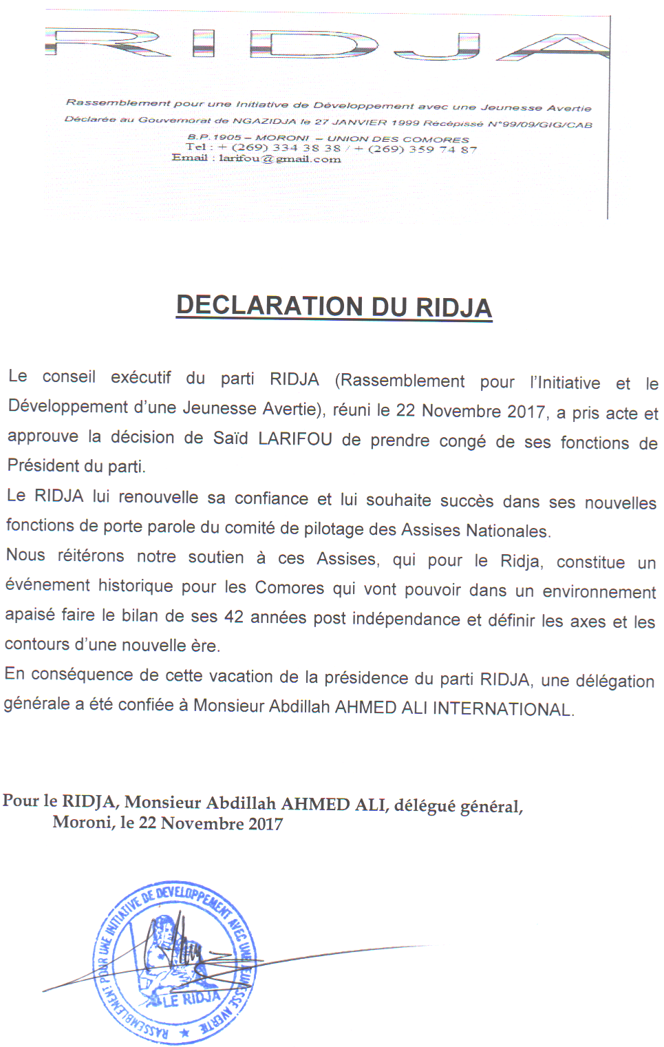 Congé de Said Larifou: Communiqué du parti RIDJA | HabarizaComores.com ...