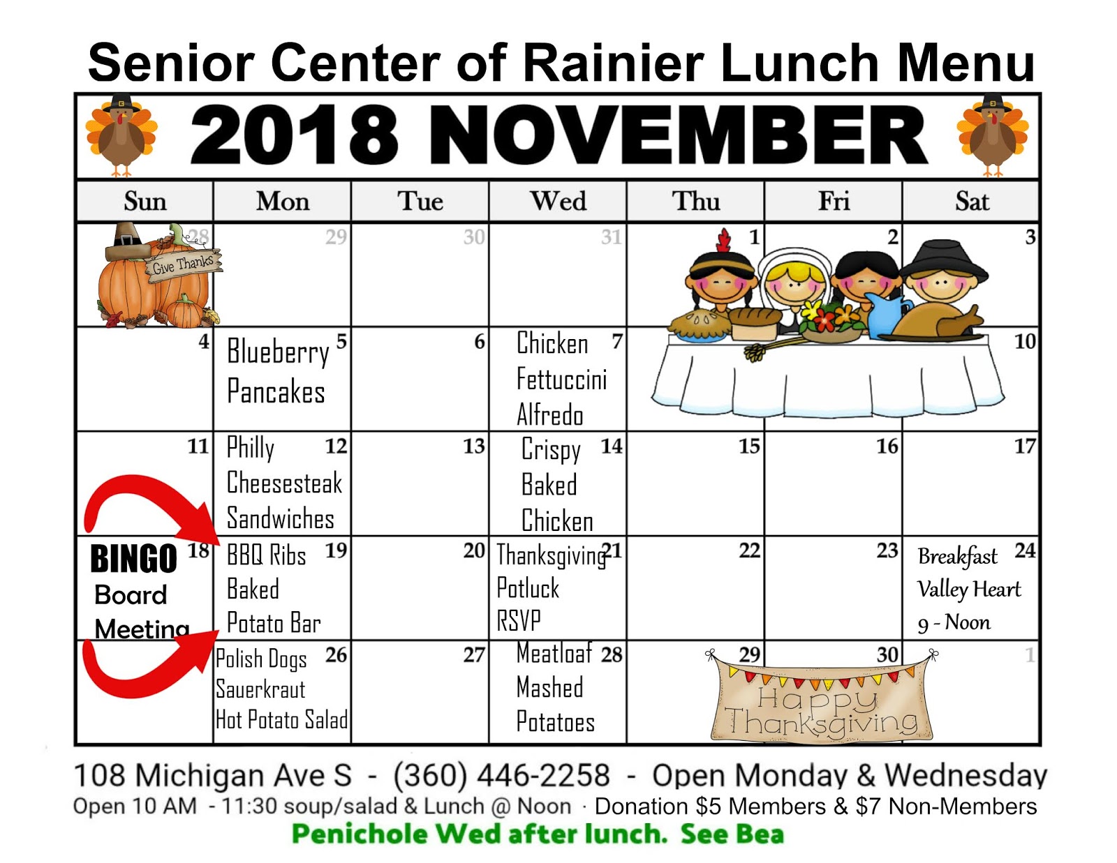 Senior Center of Rainier News: November 2108 Lunch Menu