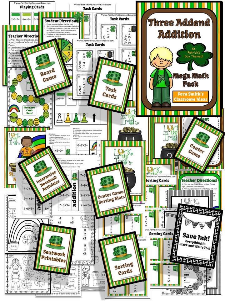 Just Published ~ St. Patrick's Day Three Addend Addition Task Cards and ...
