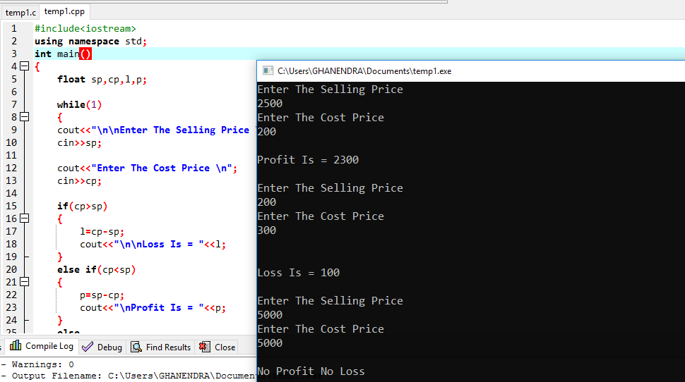 C++ Program To Determine Whether The Seller Made Profit or Loss.