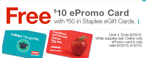 Free $10 Staples Promo Gift Card With $50 Staples Gift Card Purchase ...
