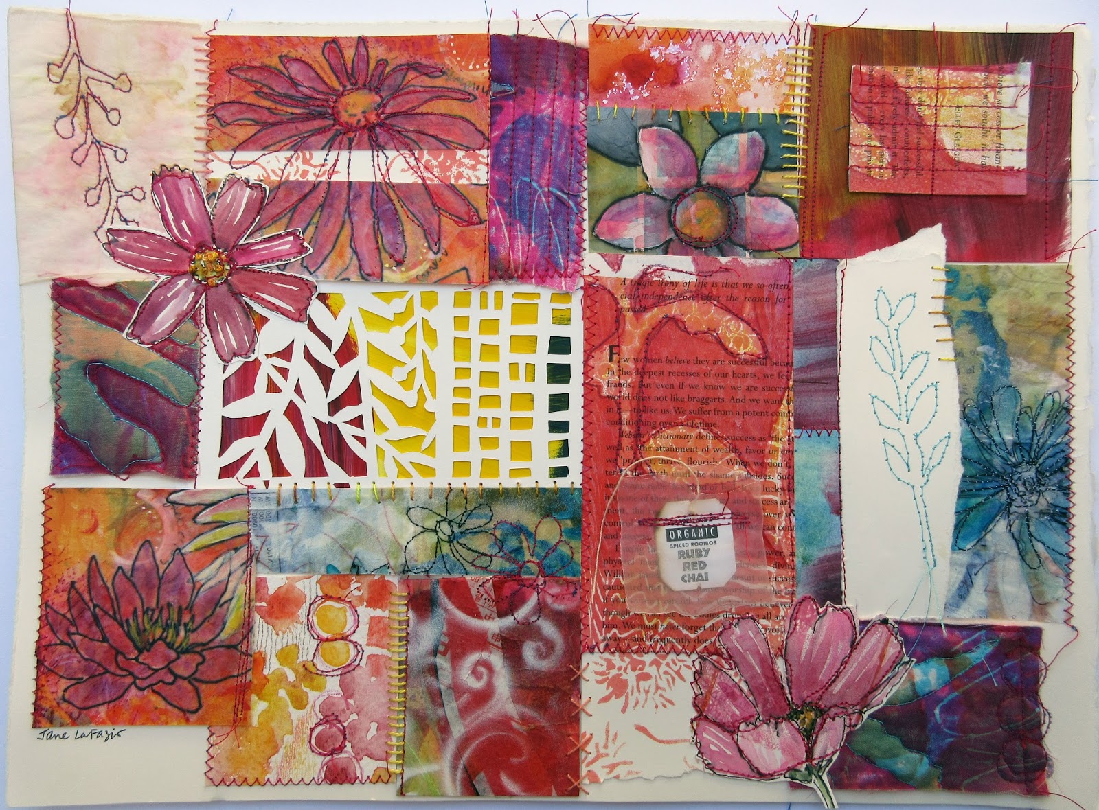 JaneVille: "Ruby Red" a mixed media stitched collage