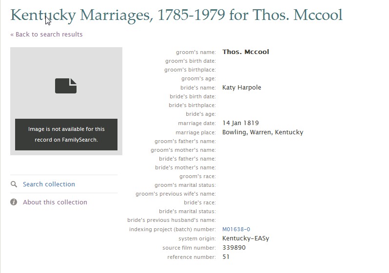 Marriage Record: Thomas McCool to Katy Harpole, 1819 | TJL Genes ...
