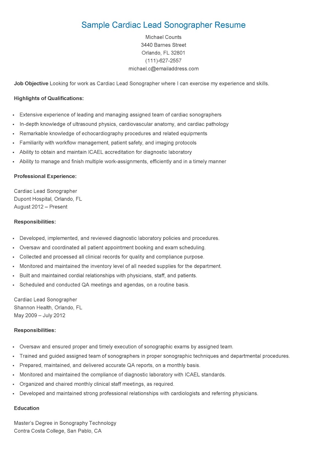 Resume Samples: Sample Cardiac Lead Sonographer Resume