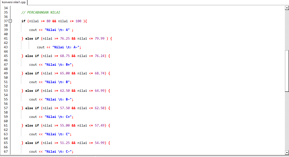 Program Konversi Nilai dari Angka ke Huruf dengan bahasa c++