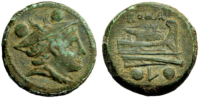 Denarius: A Small Janus Head and Prow Right Bronze Coin