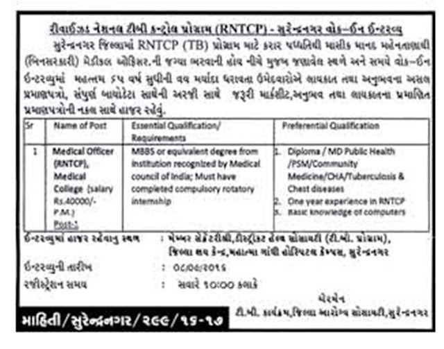 RNTCP Surendranagar Walk in Interview for Medical Officer - Latest Govt ...
