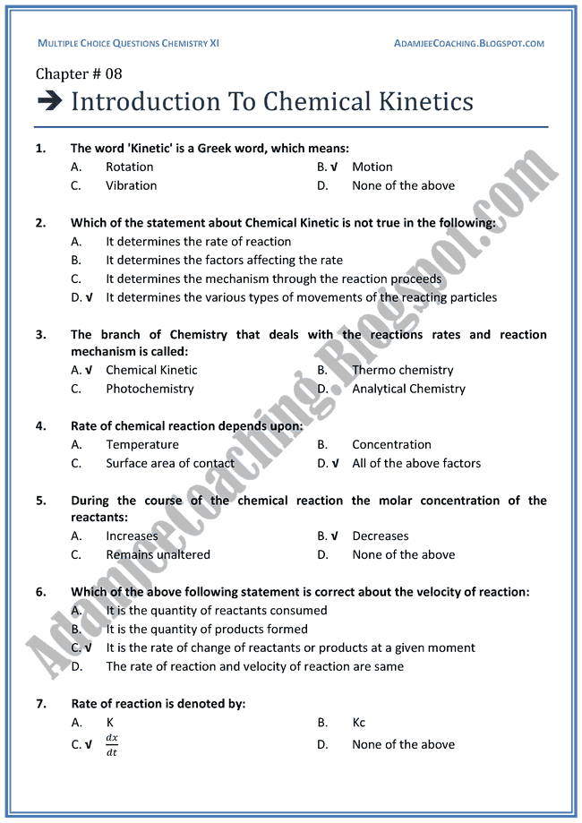 Adamjee Coaching: XI Chemistry MCQs - Introduction To Chemical Kinetics