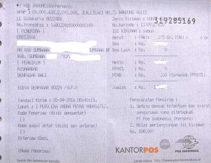 nomor bukti resi pengiriman JNE dan Pos