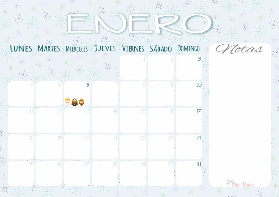 Imprimible: Calendario Enero 2016 - Niña Bonita