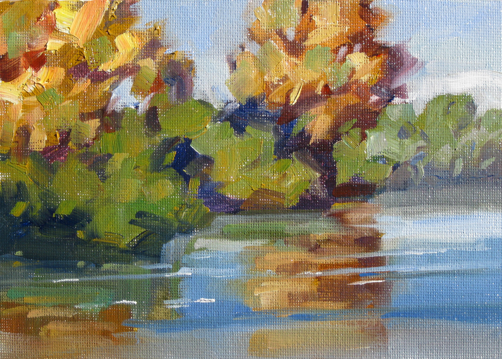 TOM BROWN FINE ART: REFLECTIONS OF AUTUMN TREES IN LAKE, PLEIN AIR OIL ...