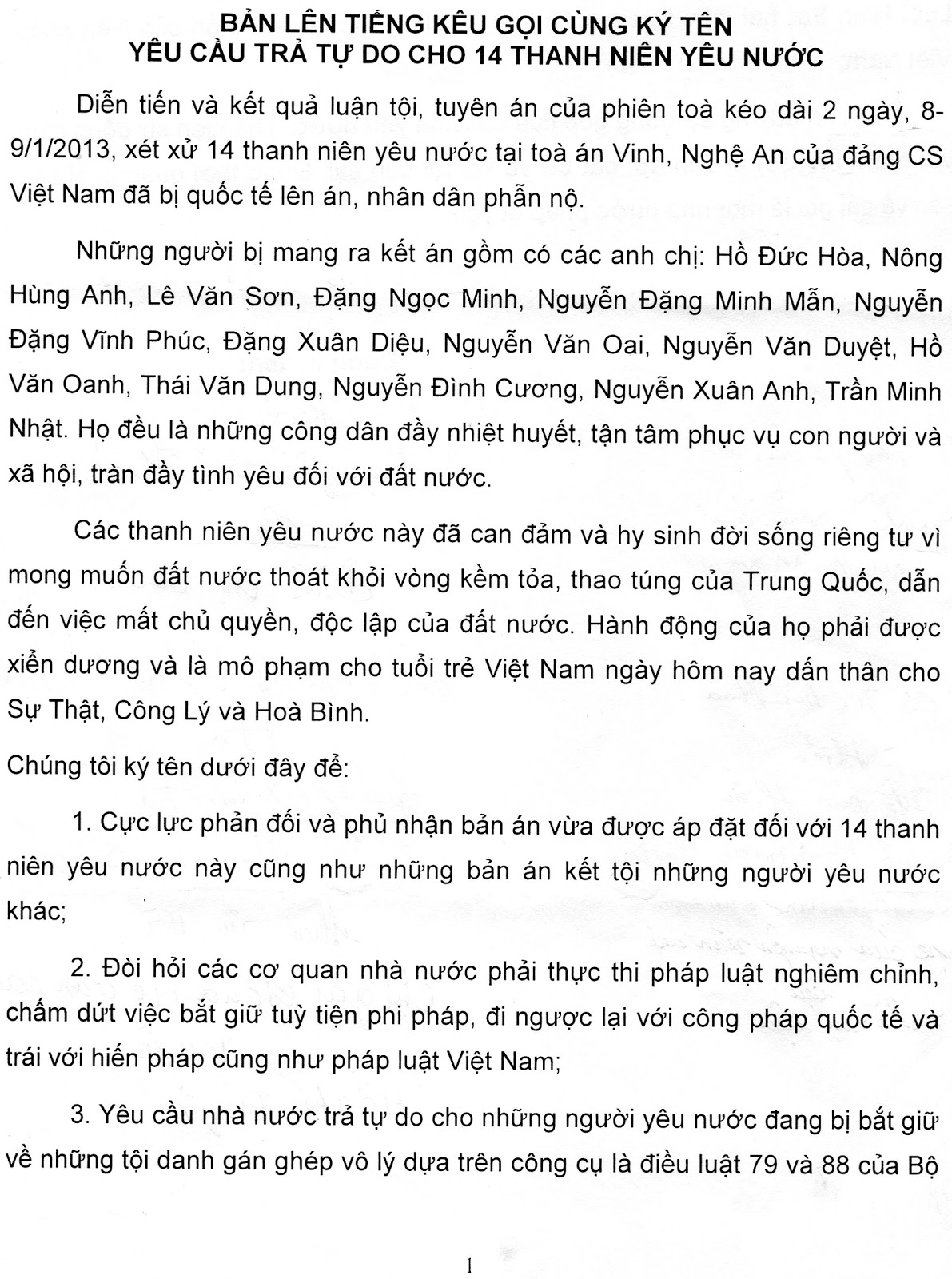 Vận Động Ký Tên Vào Bản Lên Tiếng Yêu Cầu Chính Quyền Việt Nam Trả Tự ...