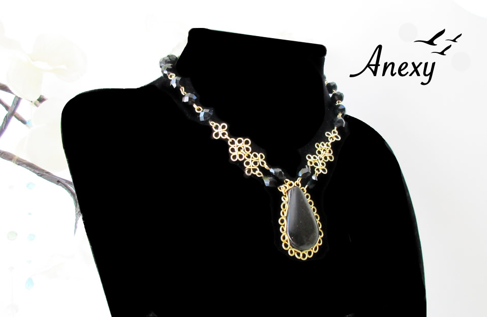 Collar de filigrana y piedra Obsidiana dorada - Bisutería y Accesorios ...