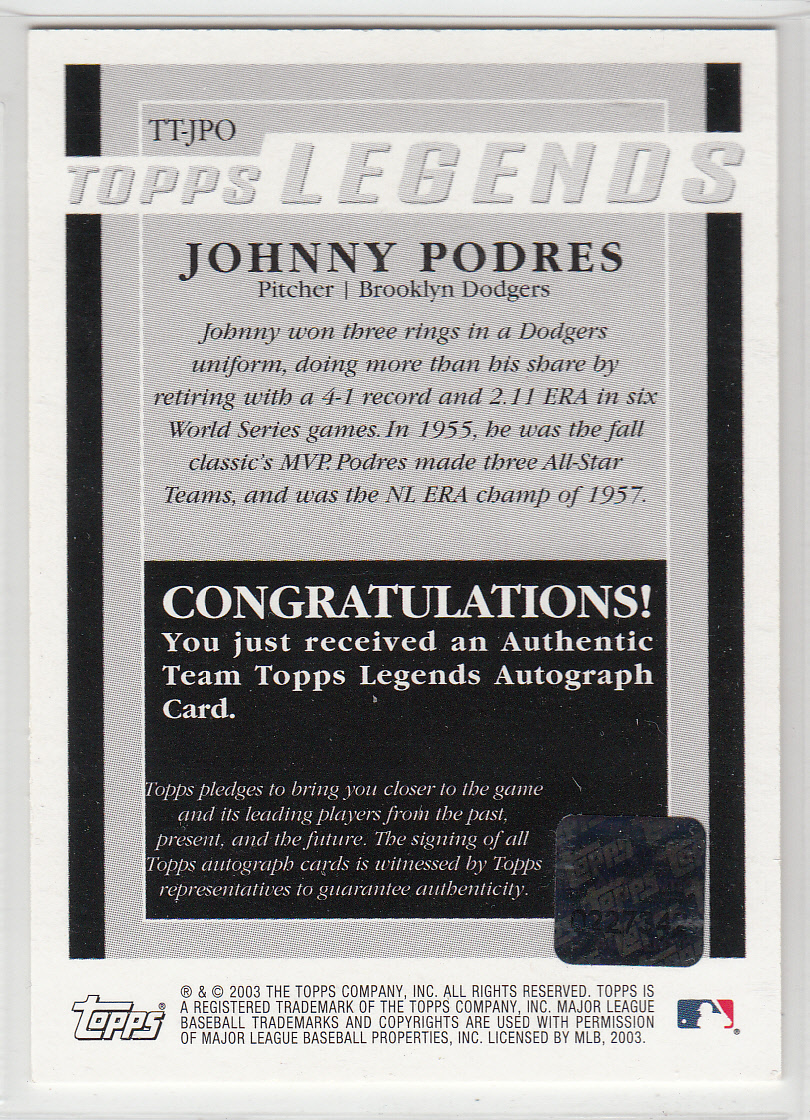 Dodgers Blue Heaven: Collection: Johnny Podres 2003 Topps Legends ...