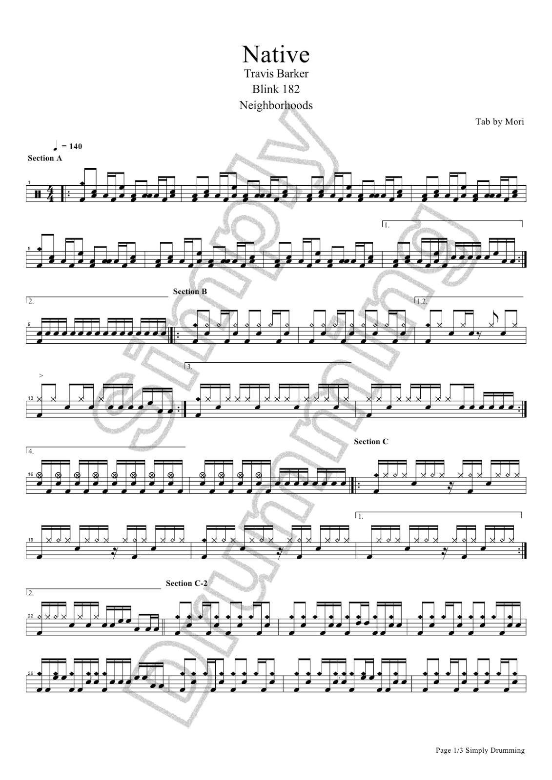 鼓手森 - Simply Drumming: Blink 182 - Native drum sheet