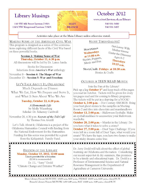 LAWTON PUBLIC LIBRARY: October Newsletter and Calendar