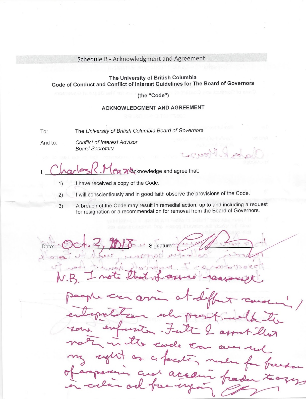 Charles Menzies. Faculty Member at UBC: Annual Code of Conduct ...