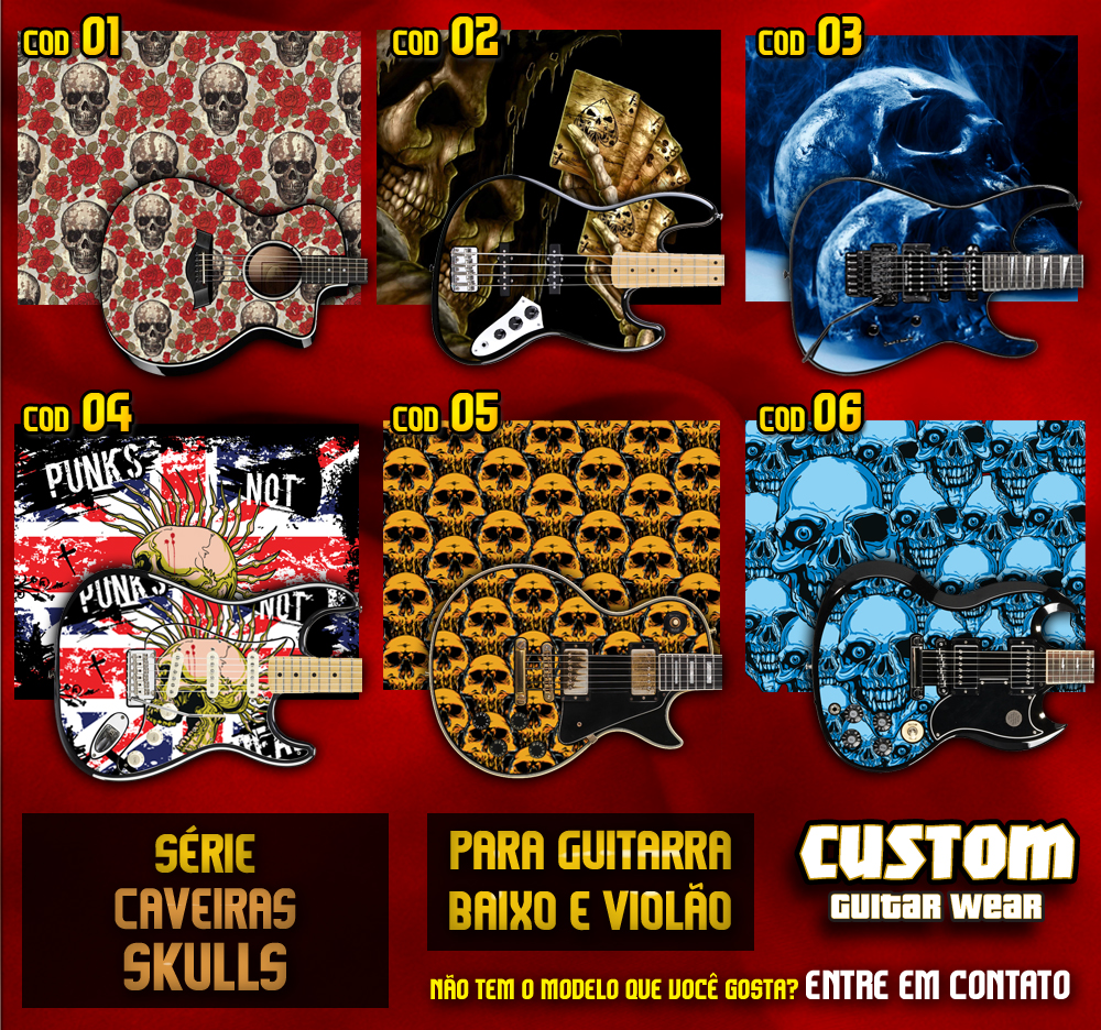 Modelos Skull/Caveiras - Adesivos para Guitarra, Baixo e Violão