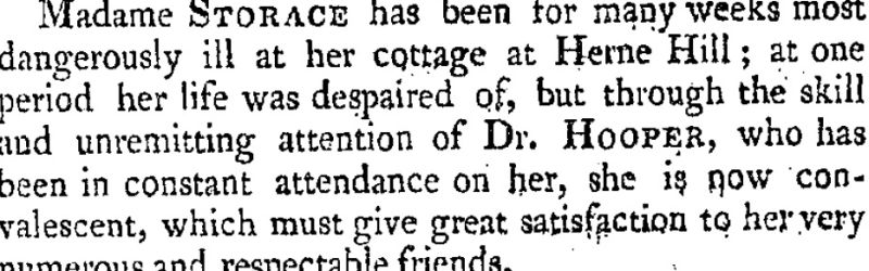 Juillet-août 1817, ultime maladie de la cantatrice Nancy Storace