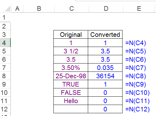 How to use "N" Function in Excel