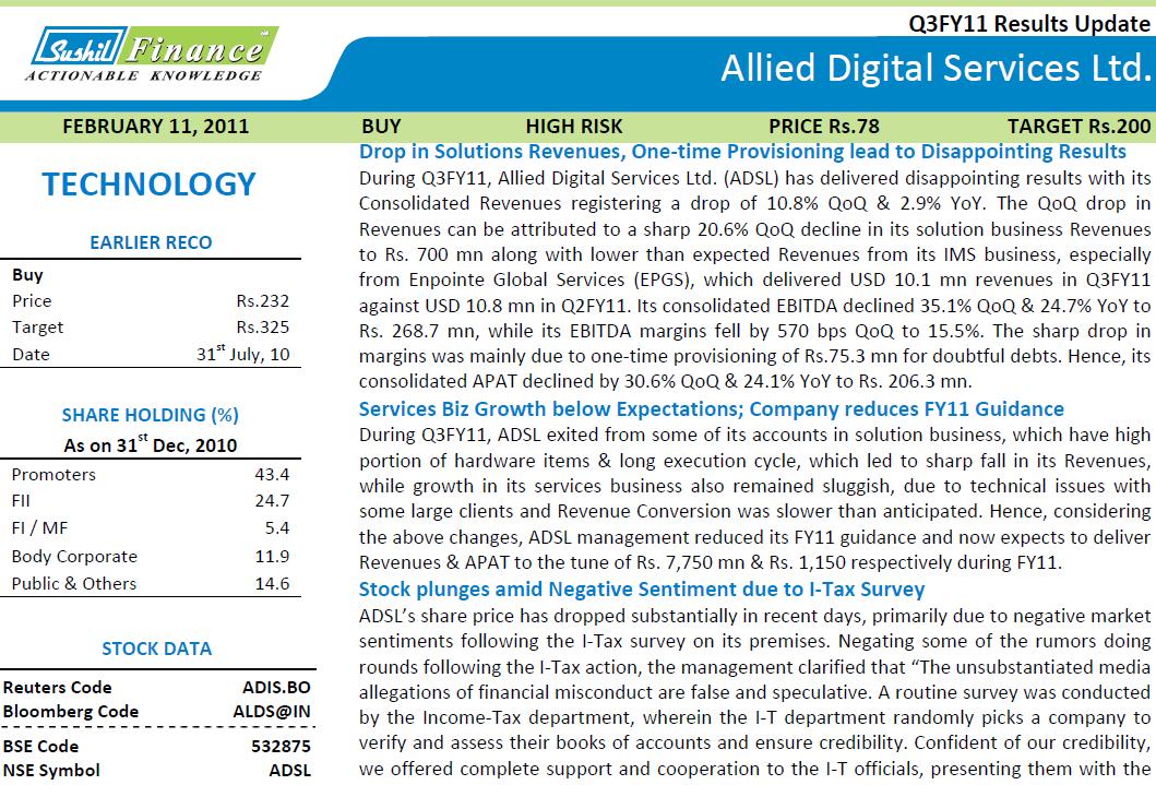 Allianz Share: Allied Digital Services Ltd (ADSL)- Emerging STAR