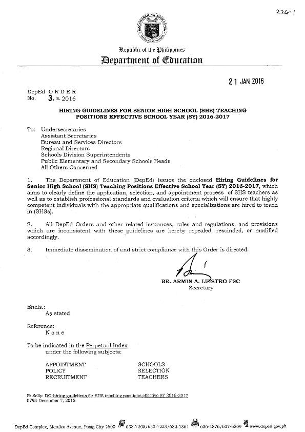 DepEd Memos, Orders & Results: DepEd Order No. 3, s.2016: Hiring ...