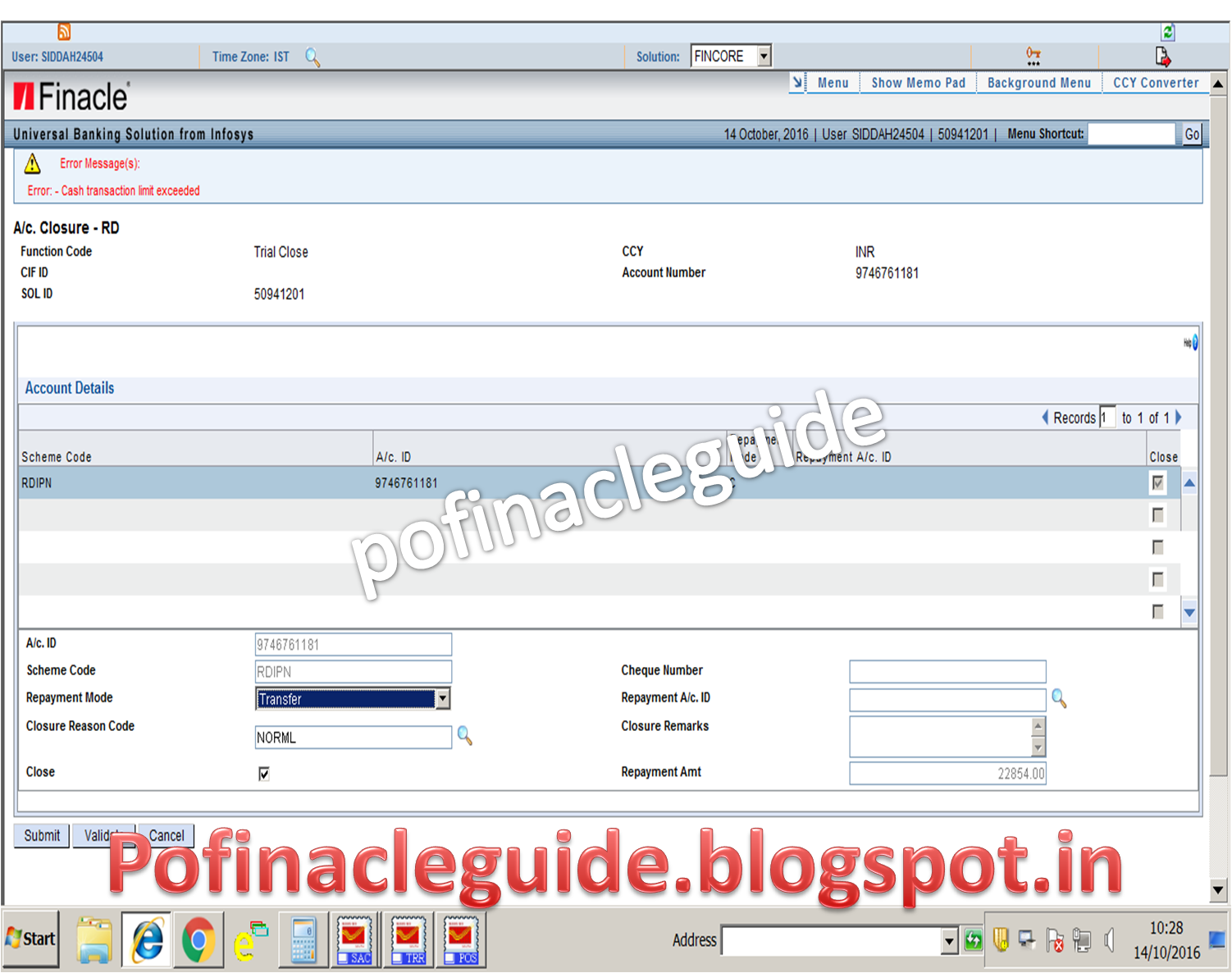 Solution for the RD closure error- " cash transaction limit exceeded ...