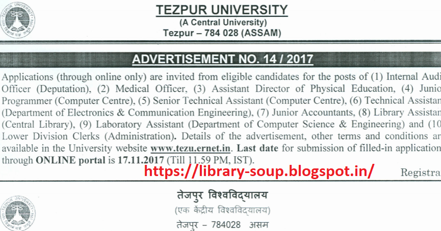 The Library Soup : Library Assistant Vacancy at Tezpur University ...