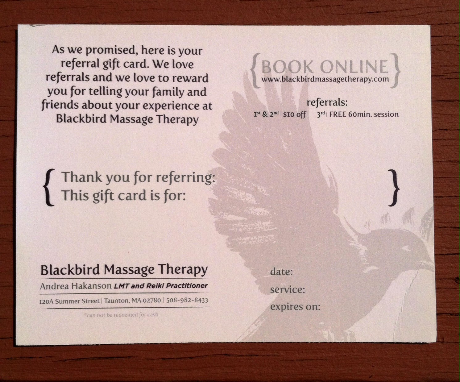 Blackbird Massage Therapy: Spread the Word!: Loyalty Rewards Program
