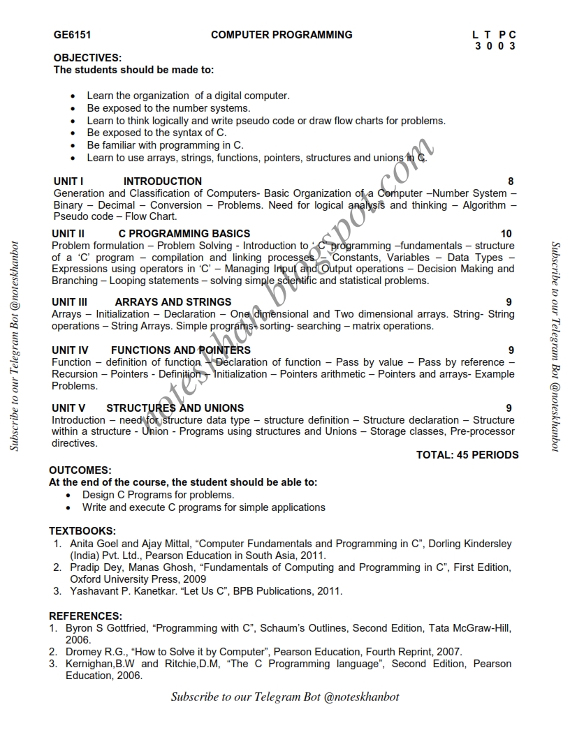 Ge6151 Computer Programming Syllabus Semester I It Btech Anna University Regulation 2013 Anna