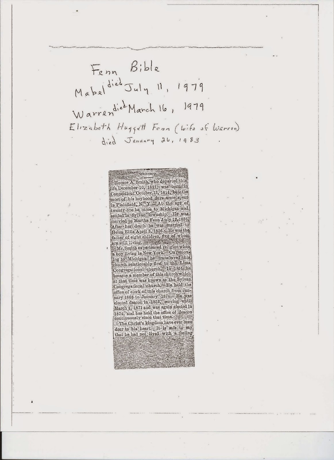 Journey to the Past: Huldah's Bible: Fenn Family Deaths