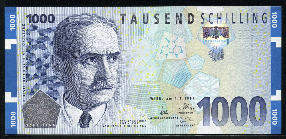 Austria banknotes 1000 Austrian Schilling banknote of 1997 Karl ...