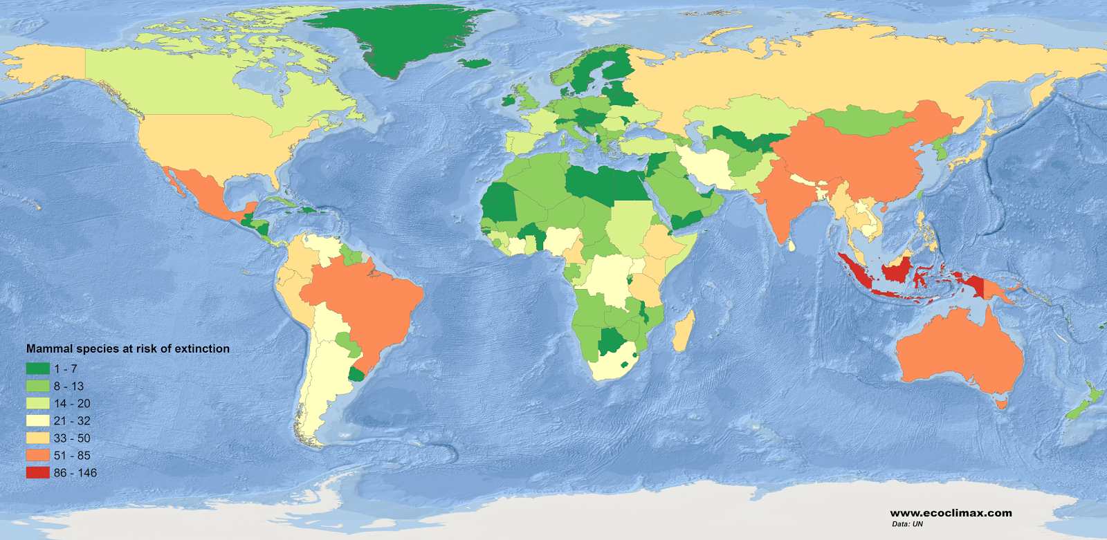 Mammal species at risk of extinction (estimated per 1000 of all animal ...