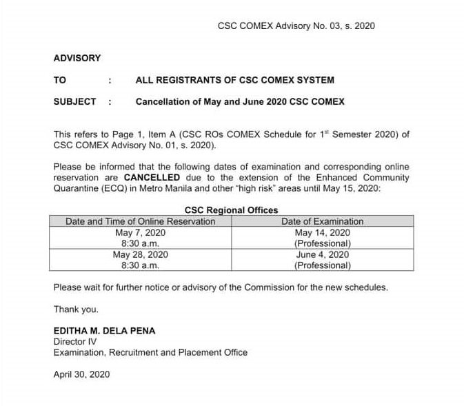 Civil Service Exam PH: Cancellation of May and June 2020 CSC COMEX