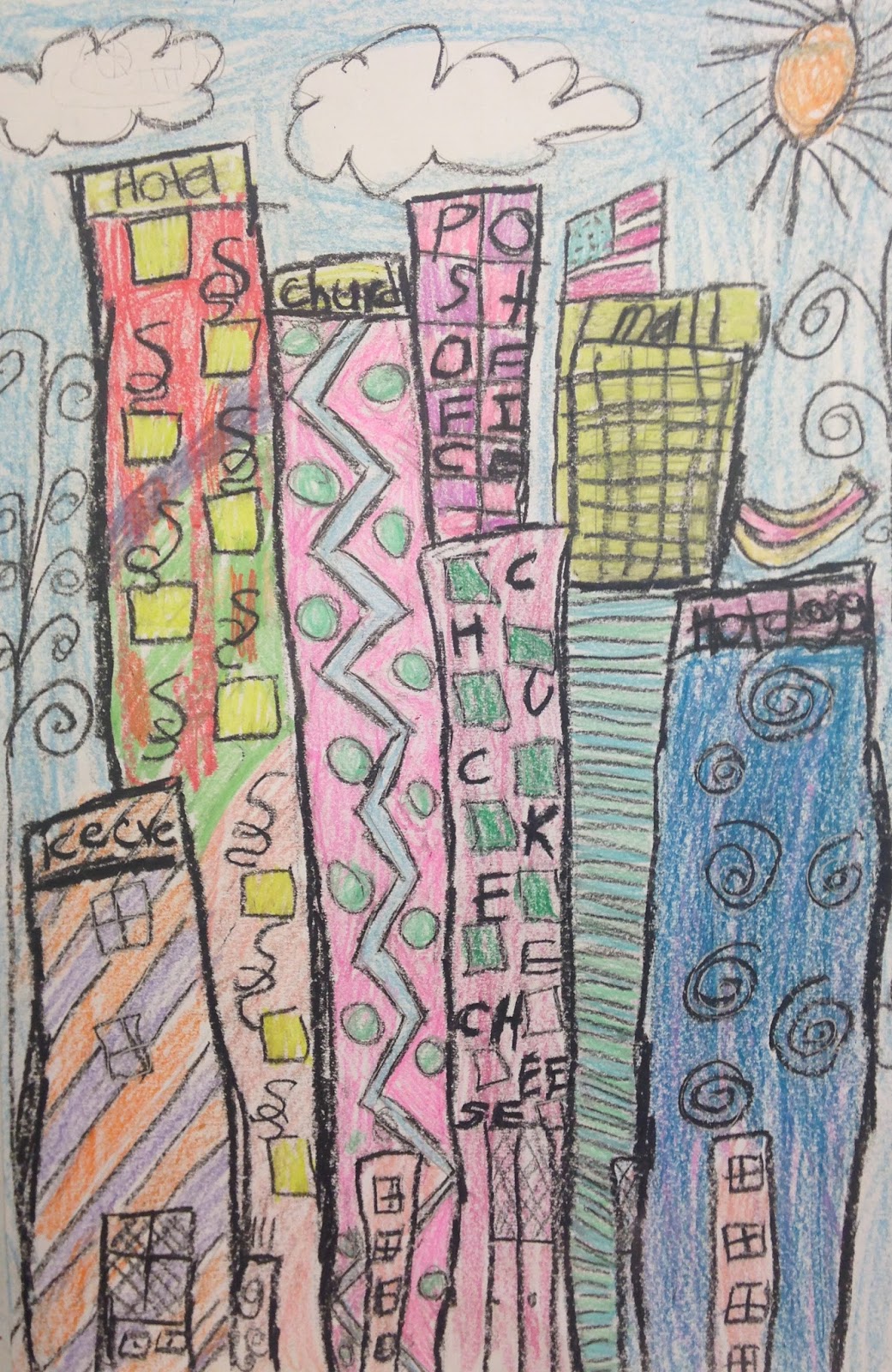 Art Room Blog: 3rd Grade Cities in the Style of IM Pei and James Rizzi ...