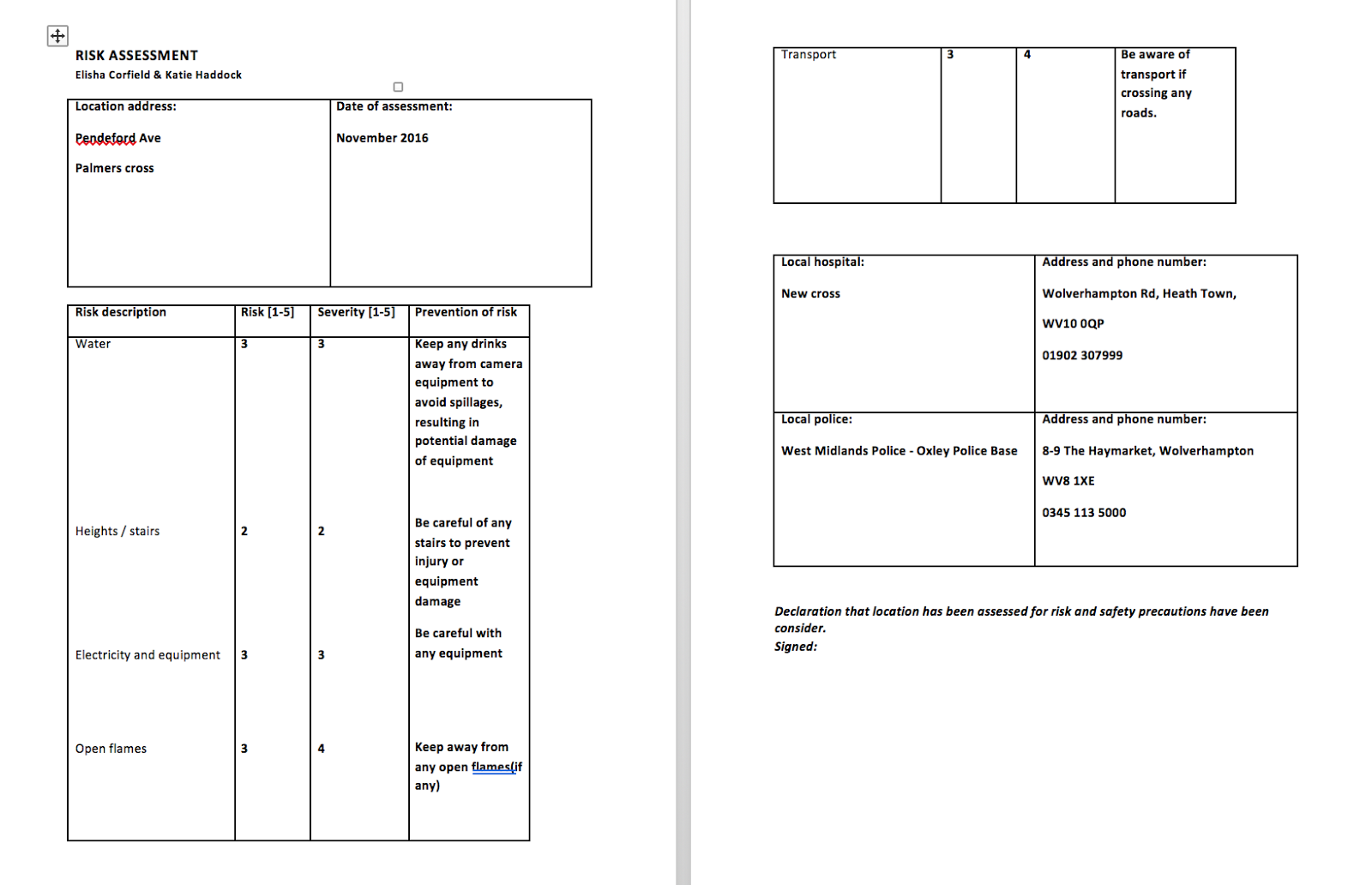 Elisha Corfield Media A Level Blog: Location - Risk Assessments