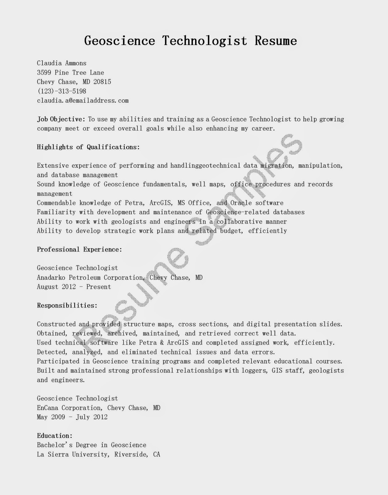 Resume Samples: Geoscience Technologist Resume Sample
