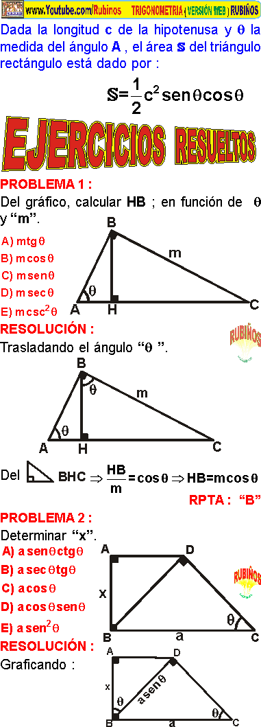 RESOLUCIÓN DE TRIÁNGULOS RECTÁNGULOS EJEMPLOS Y PROBLEMAS RESUELTOS CON RAZONES TRIGONOMÉTRICAS PDF
