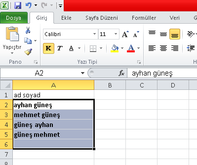 Ayhan GÜNEŞ: Excelde İsim soyisim ayırma