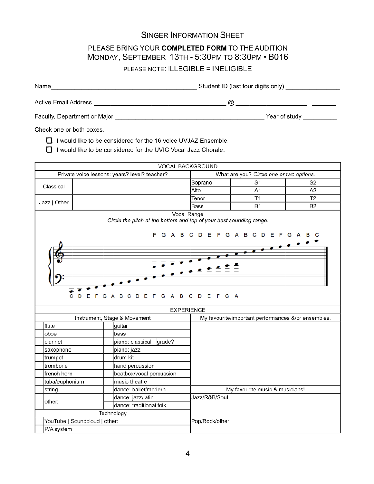 University of Victoria Vocal Jazz Ensemble: Singer Information Sheet